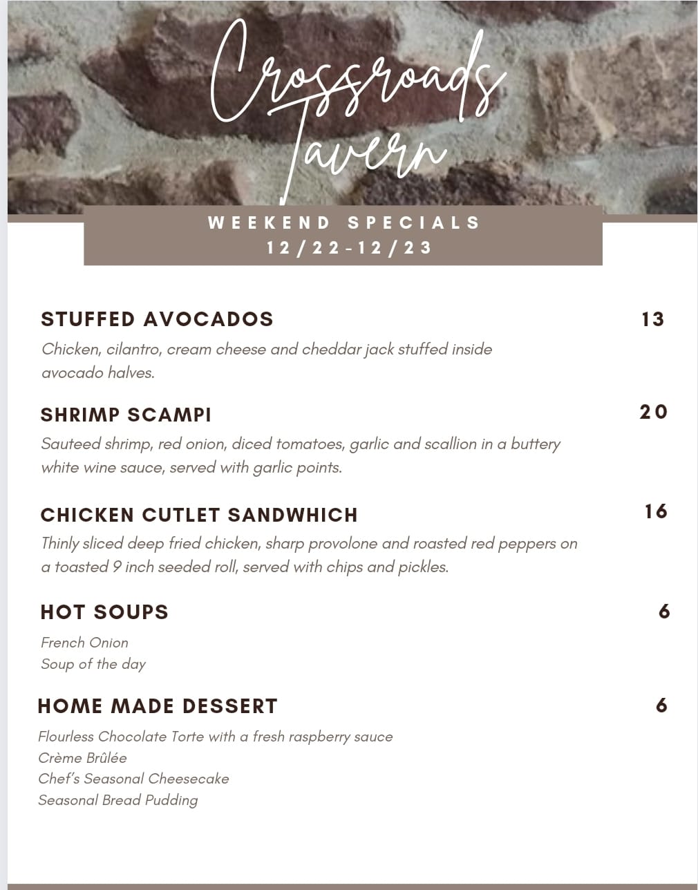 Weekend Specials - Crossroads Tavern